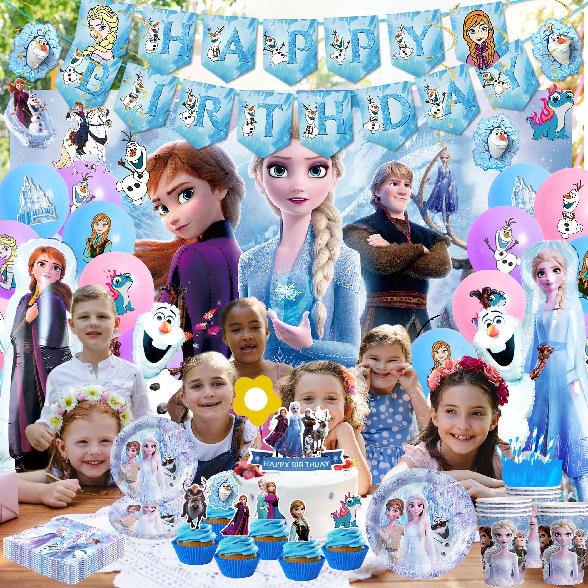 Frozen Birthday Party Supplies,191pcs Cartoon Theme Style Party Decorations Include Happy Birthday Banner,Backdrop,Plates,Tablecover,Cake Toppers