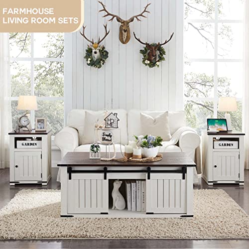 SinCiDo 48” Lift Top Coffee Table, Coffee Table with Storage & Sliding Groove Barn Door, Farmhouse Coffee Table Rustic Wood Cocktail Table w/Double Storage Spaces for Living Room, White