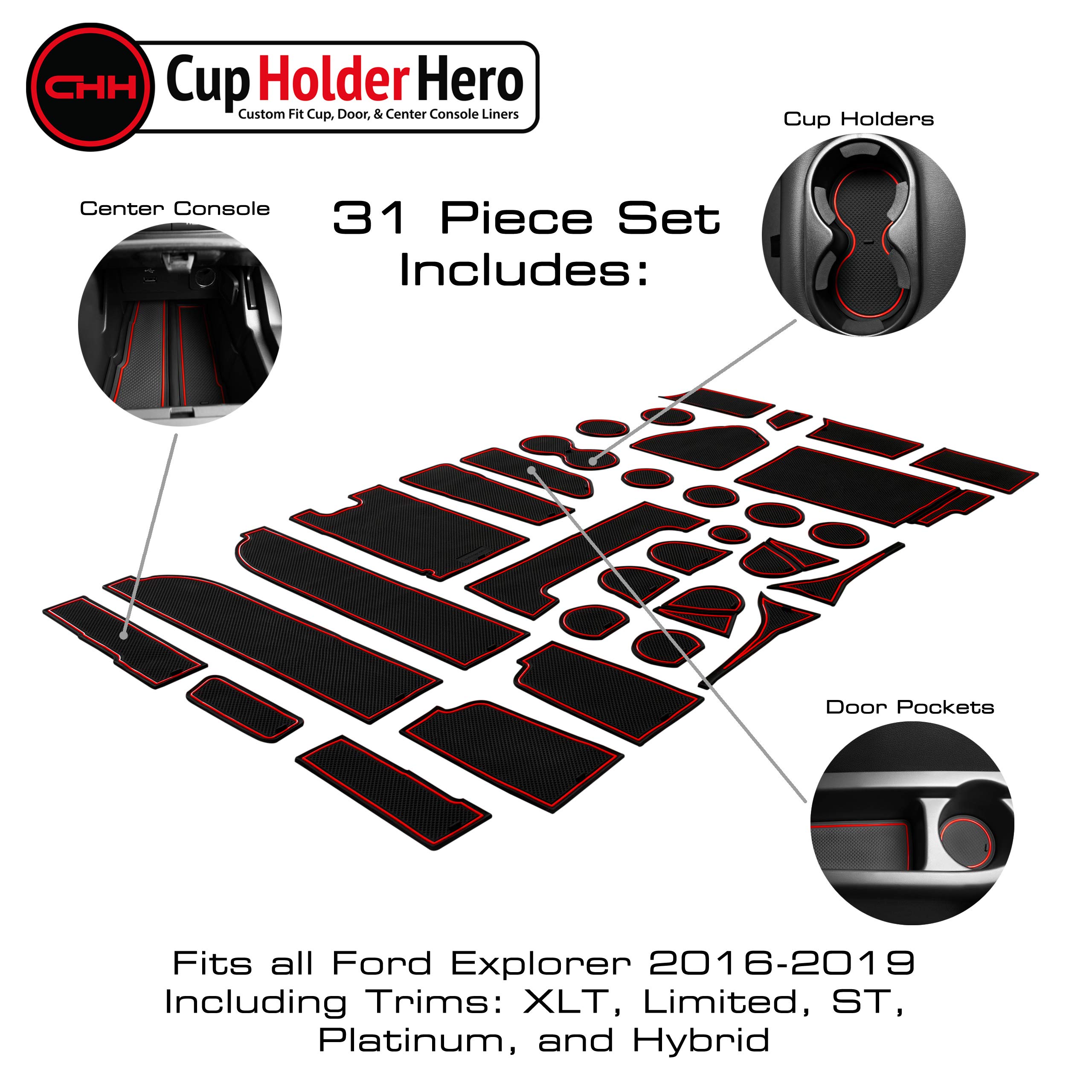 CupHolderHero fits Ford Explorer Accessories 2016-2019 Premium Custom Interior Non-Slip Anti Dust Cup Holder Inserts, Center Console Liner Mats, Door Pocket Liners 31pc Set (Red Trim)