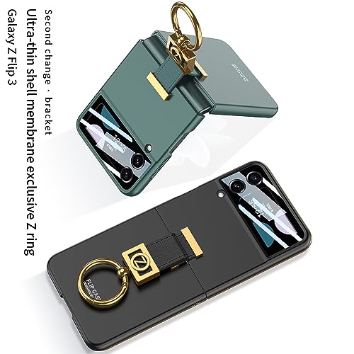 Phone flip case Slim Case Compatible with Samsung Galaxy Z Flip 3 Case with Outer Screen Protector Case,Thin Hard PC Case Fashion Protective Case with Built-in Metal Ring Phone Cover (Color : Black)
