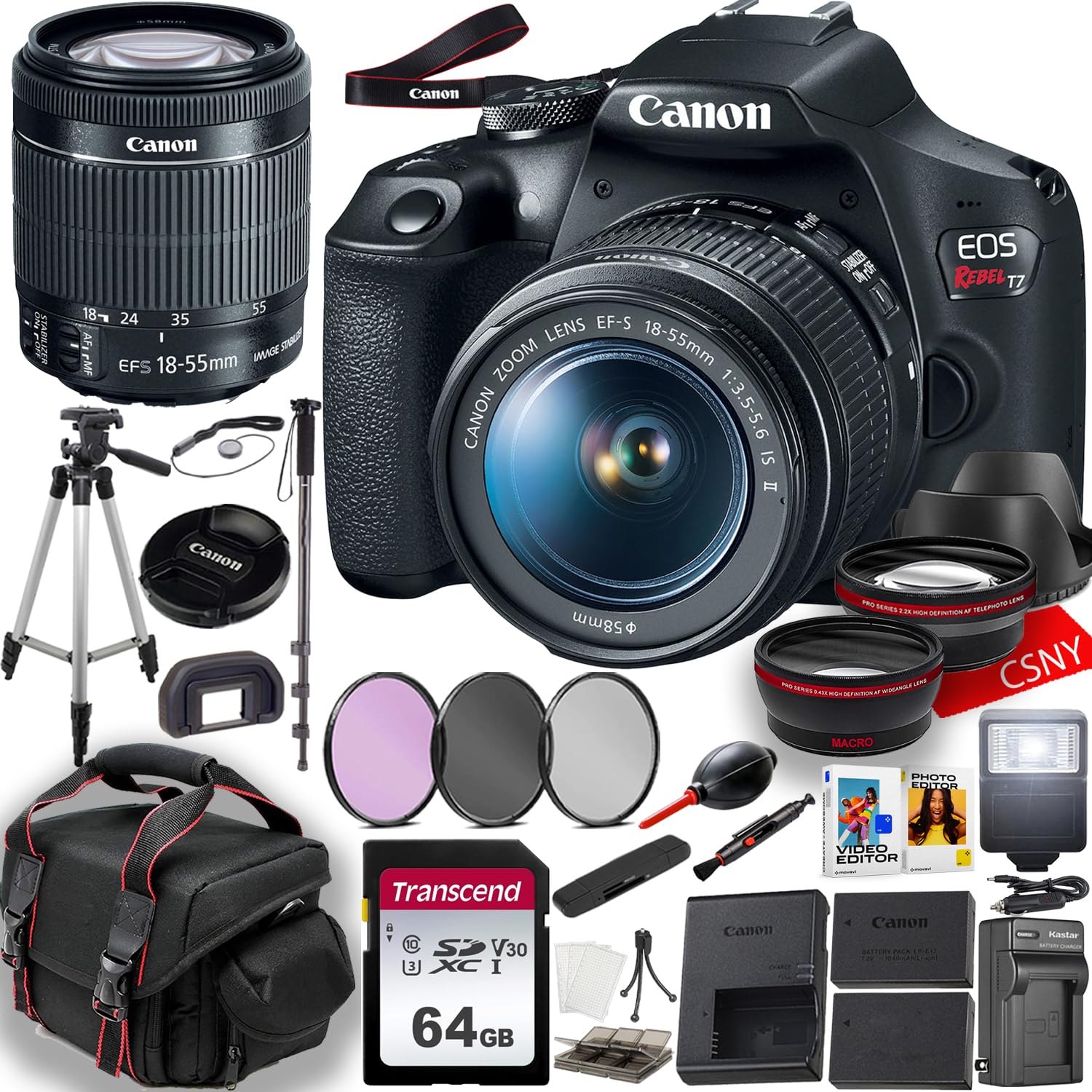 Canon EOS Rebel T7 DSLR Camera with 18-55mm Lens + 64 GB Memory + Spare High Capacity Replacement Battery + Filters + Case + Mini Tripod + More (28 pc Bundle)