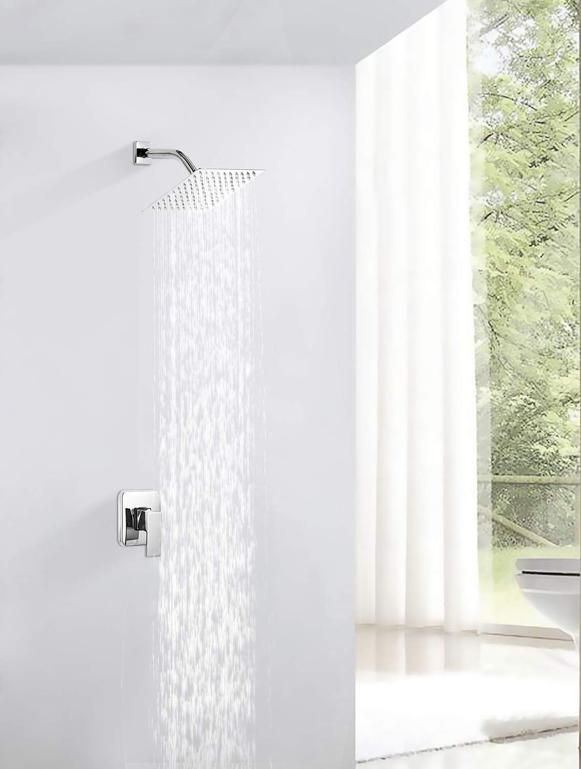 GGStudy Square 6 Inch Stainless Steel Shower Head High Pressure Rainall Shower Head Chrome Ultra Thin Design-Best Pressure Boosting with Silicone Nozzle Easy to Install