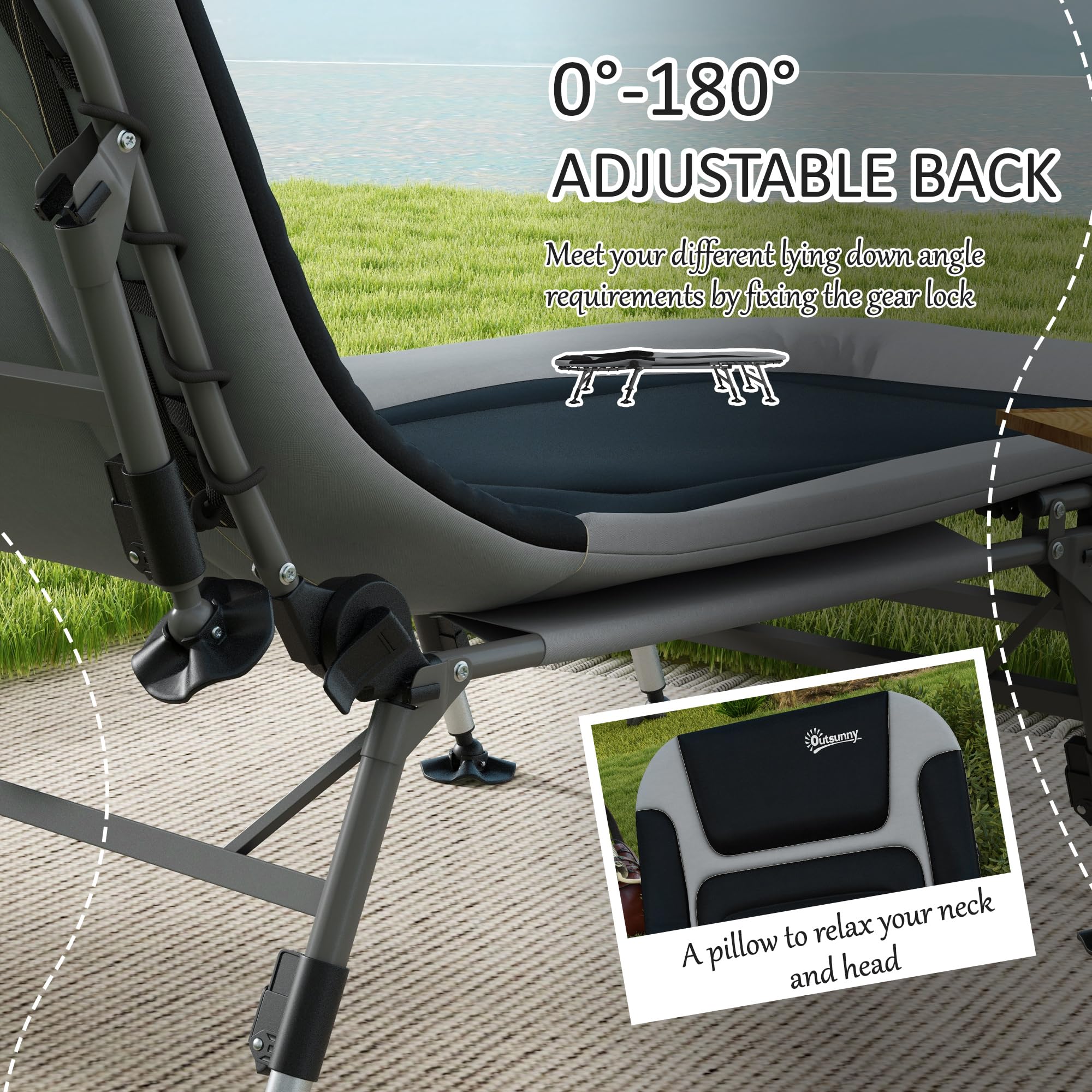 Outsunny Camping Cot for Adults, Folding Bed with Soft Padded Cushions & Headrest, 180° Adjustable Reclining Lounger, Heavy Duty and Portable with a 400 lbs. Capacity, Gray