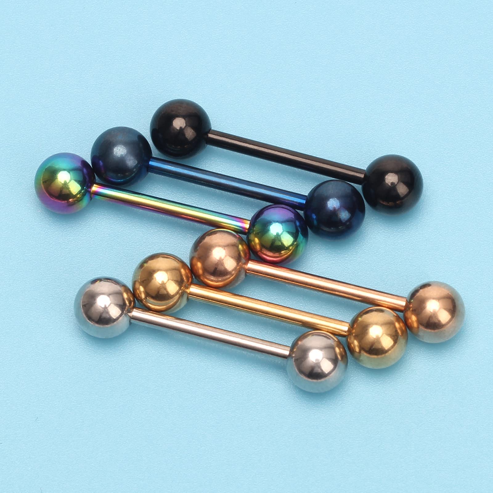 CrazyPiercing 12Pcs Different Color Tongue Rings Surgical Stainless Steel Tongue Piercing 14G 16mm Length Straight Barbell Piercing Jewelry