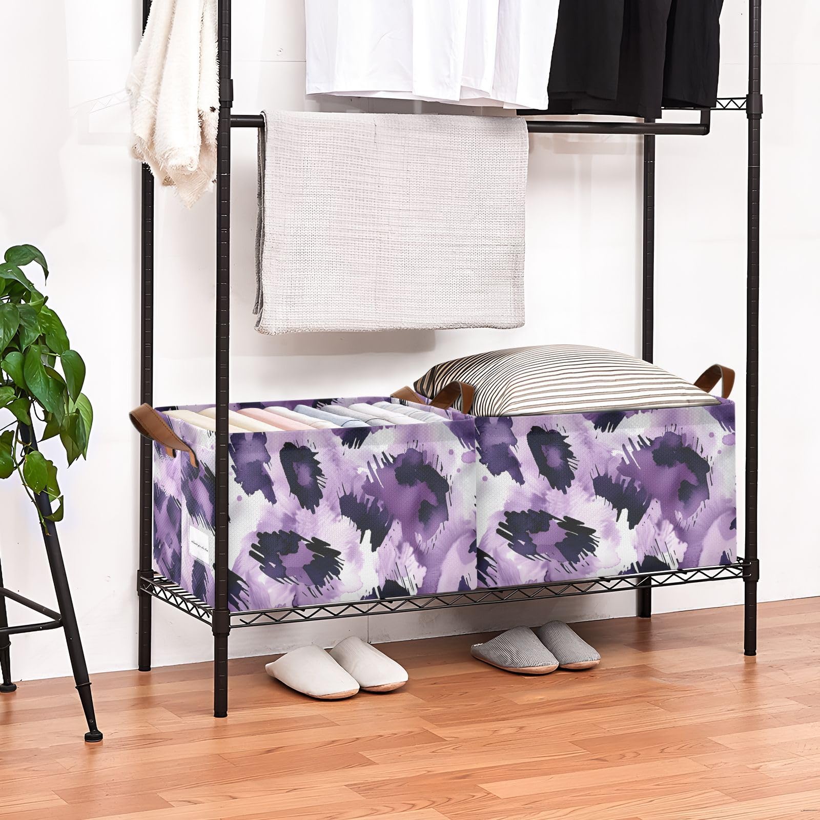 HOMONAW Rectangular Closet Storage Bin Purple Leopard Print Storage Baskets with Handles Collapsible Closet Shelf Organizer for Clothes, Toys, Towel, Home, Bedroom, Office