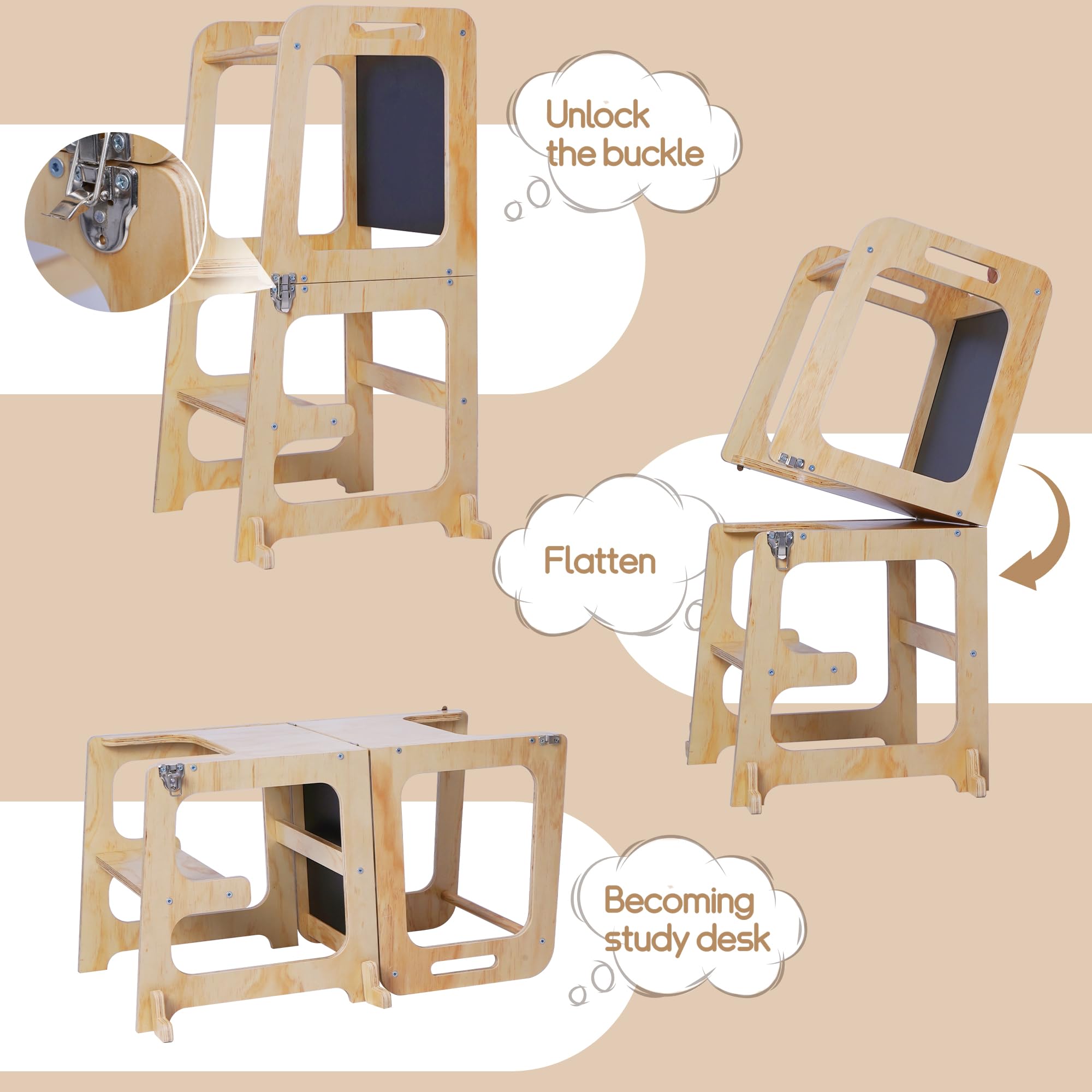 lesolar 3-in-1 Toddler Standing Tower, Kids Kitchen Step Stool Helper, Montessori Assistant Tower Suitable for Toddlers and Children from 1-6 Years Old Kitchen Blackboard Tower with Safety Rail