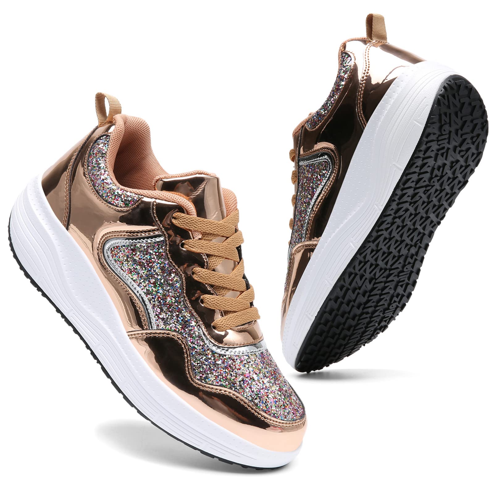 DADAWEN Women's Glitter Platform Wedge Athletic Tennis Walking Shoes Sparkly Sequin Lightweight Non Slip Casual Comfort Fashion Sneakers Gold US Size 8