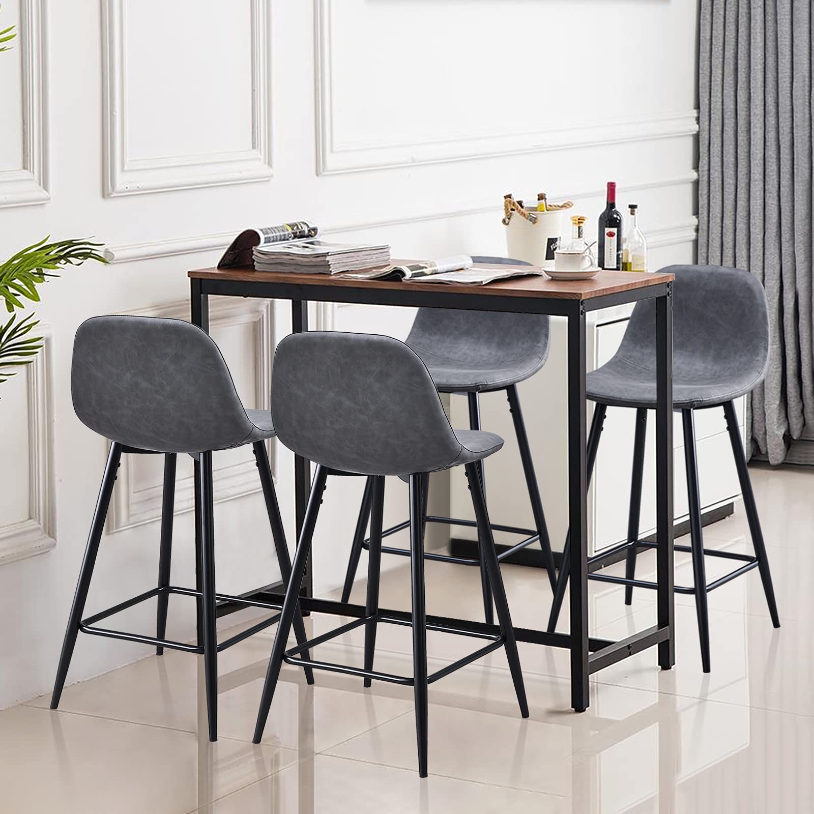 CLIPOP Pu Leather Bar Stools Set of 2, 26" Counter Height Bar Stool with Back, Sturdy Metal Legs, Footrest, Kitchen Bar Chairs for Home Island Breakfast Pub, Maximum Weight 330 lbs, Grey