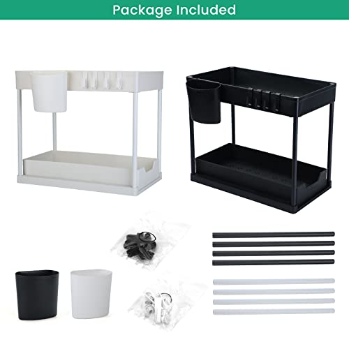 Qucover 2 Tier Under Sink Organizer, 2 Pack Bathroom Cabinet Organizers and Storage Sliding, Waterproof Kitchen Sink Organizer Under Cabinet Storage with Hooks, Hanging Cup, Black & White