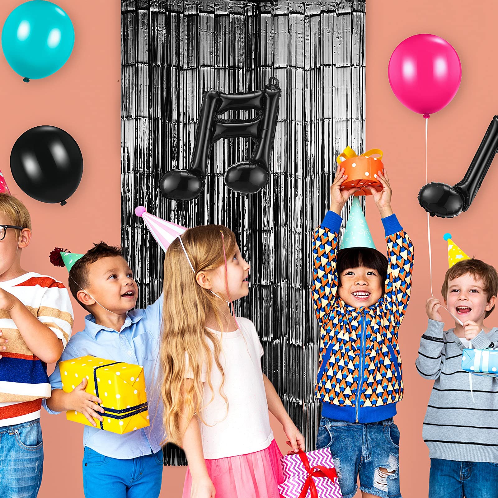 Skylety Music Birthday Party Decorations Includes Karaoke Rose Red Blue Black Tinsel Curtains Music Balloons Music Note Balloons for Music Theme Party Photo Backdrop