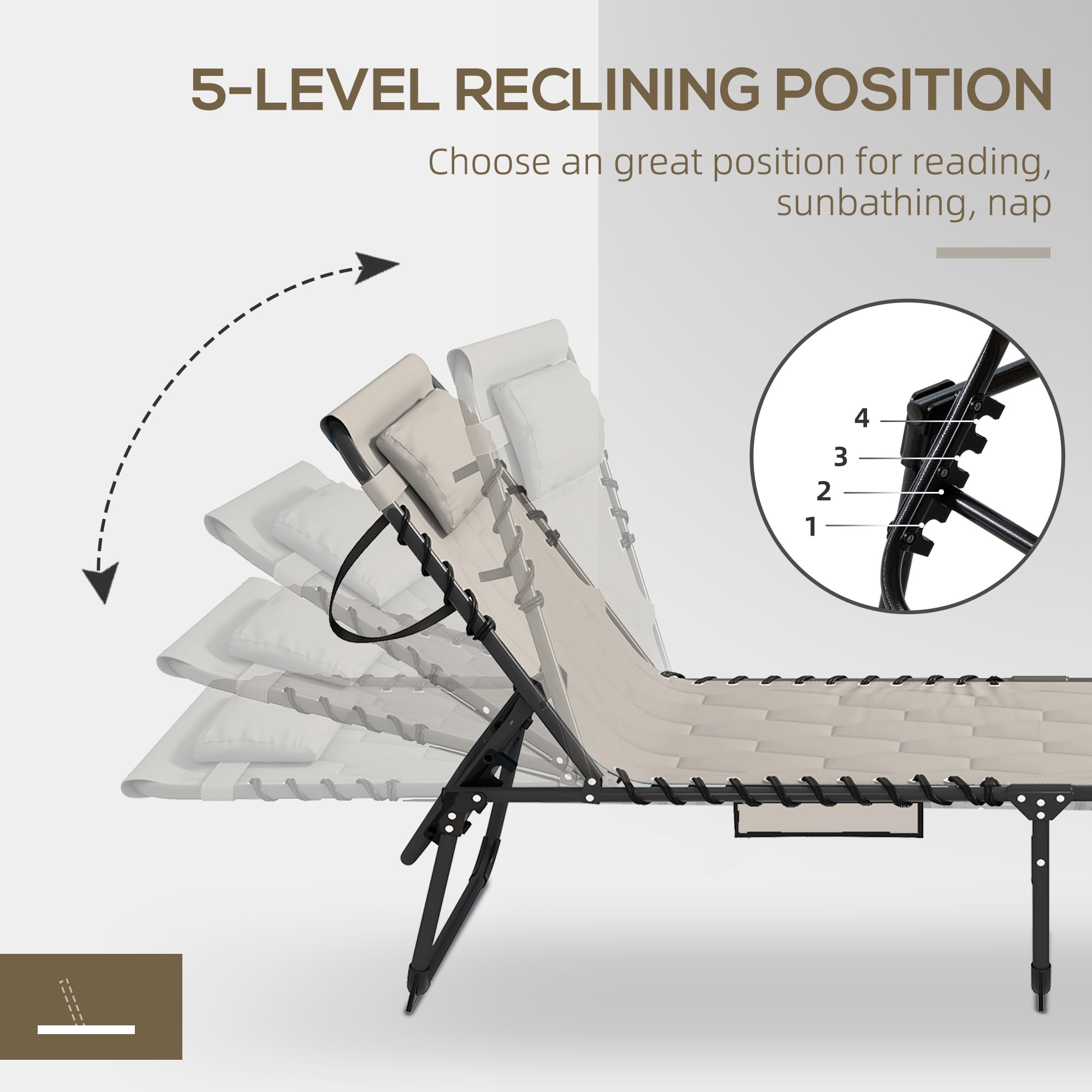 Outsunny Folding Chaise Lounge Set of 2 with 5-Level Reclining Back, Outdoor Lounge Tanning Chair with Padded Seat, Side Pocket & Headrest for Beach, Yard, Patio, Khaki