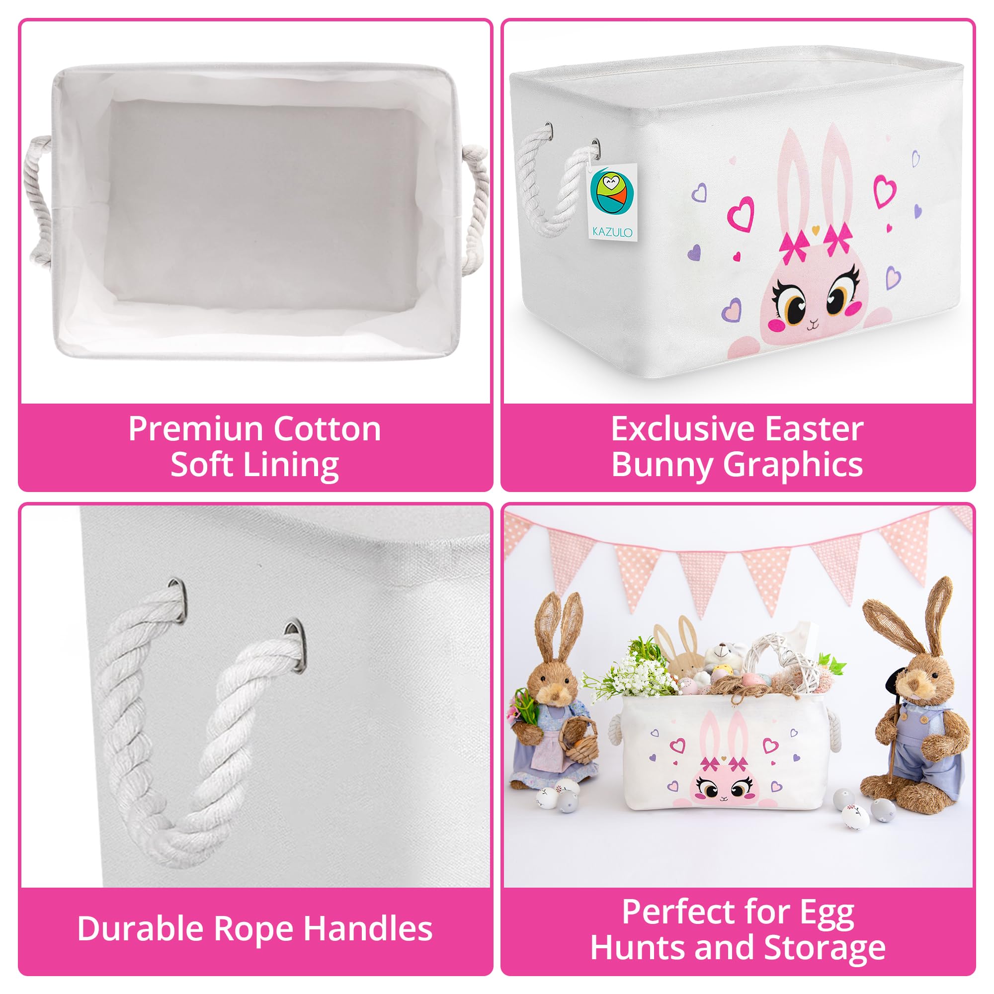 Kazulo Pink Bunny Easter Basket For kids, Rectangle Rabbit Basket, Easter Basket for Girls, Egg Hunt Bag For Boys and Girls,, Kids Easter Basket, Bunny Basket (Pink Bunny)