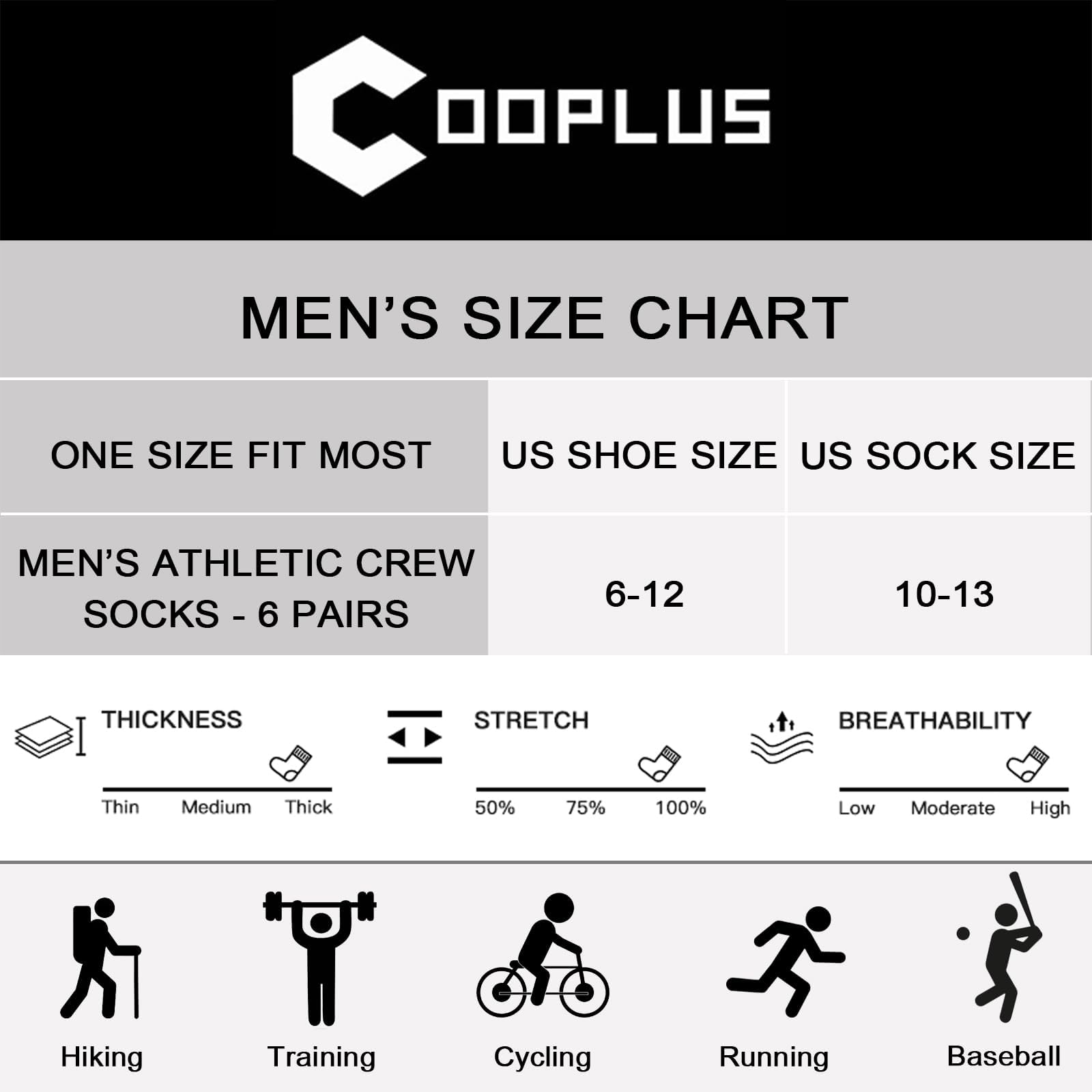 COOPLUS Mens Crew Socks Athletic Moisture Wicking Cushion Durable Work Mid Calf Socks for Running Sports (6 Pairs)