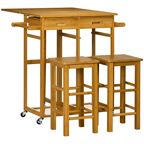 HOMCOM Foldable Dining Table Set with 2 Square Stools and 2 Drawers, Bamboo Drop Leaf Breakfast Cart, Mobile Kitchen Island Trolley Cart on Wheels, Brown