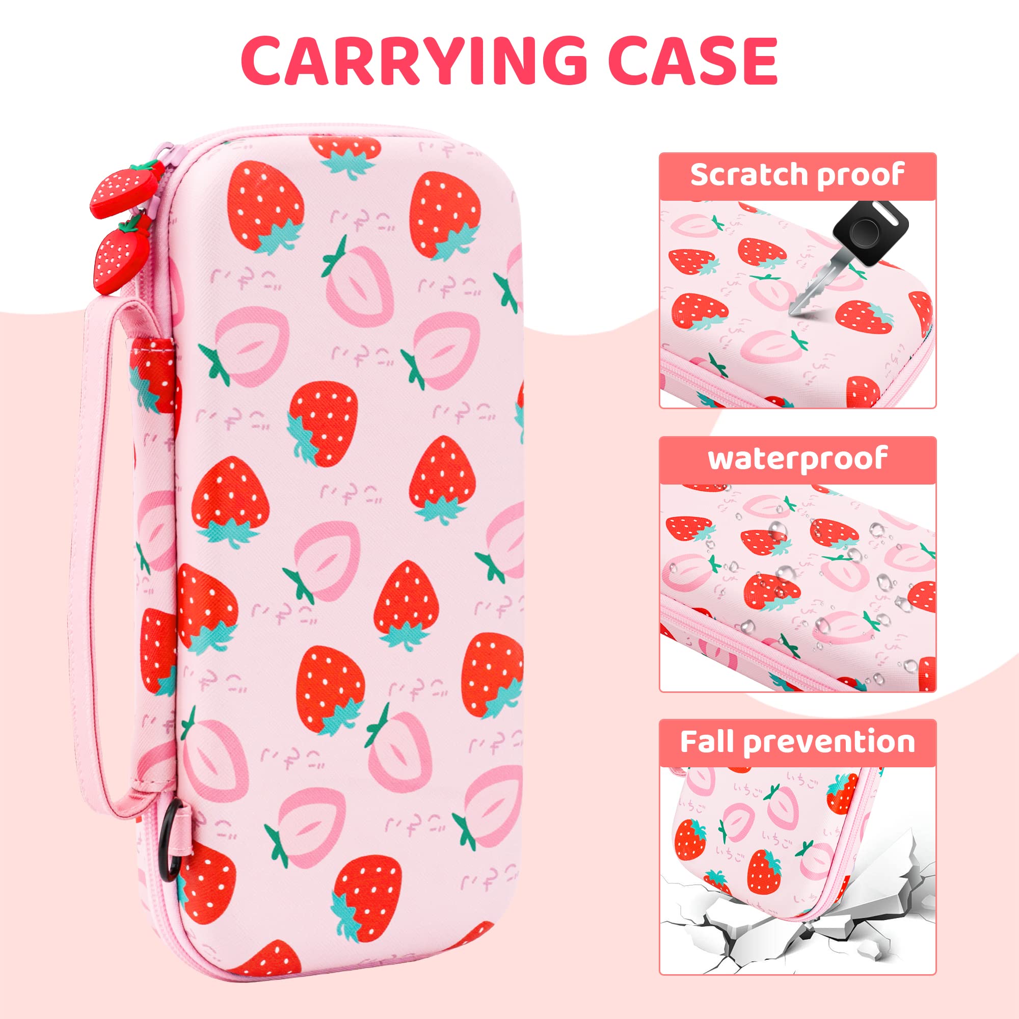 FANPL Carrying Case for Nintendo Switch and Switch OLED Accessories, Pink Strawberry Travel Case Bundle with Adjustable Shoulder Strap, Thumb Grips, Hard Switch Protective Case Cover Anti-scratch