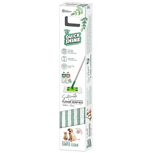 Quick Shine Sustainable Hard Surface Floor Mop Kit with 3 Reusable Pads & 1 Safer Choice Floor Finish Cleaner 16oz | Use Wet + Dry | Squirt, Spread, Done | Hardwood, Luxury Vinyl Plank, Laminate