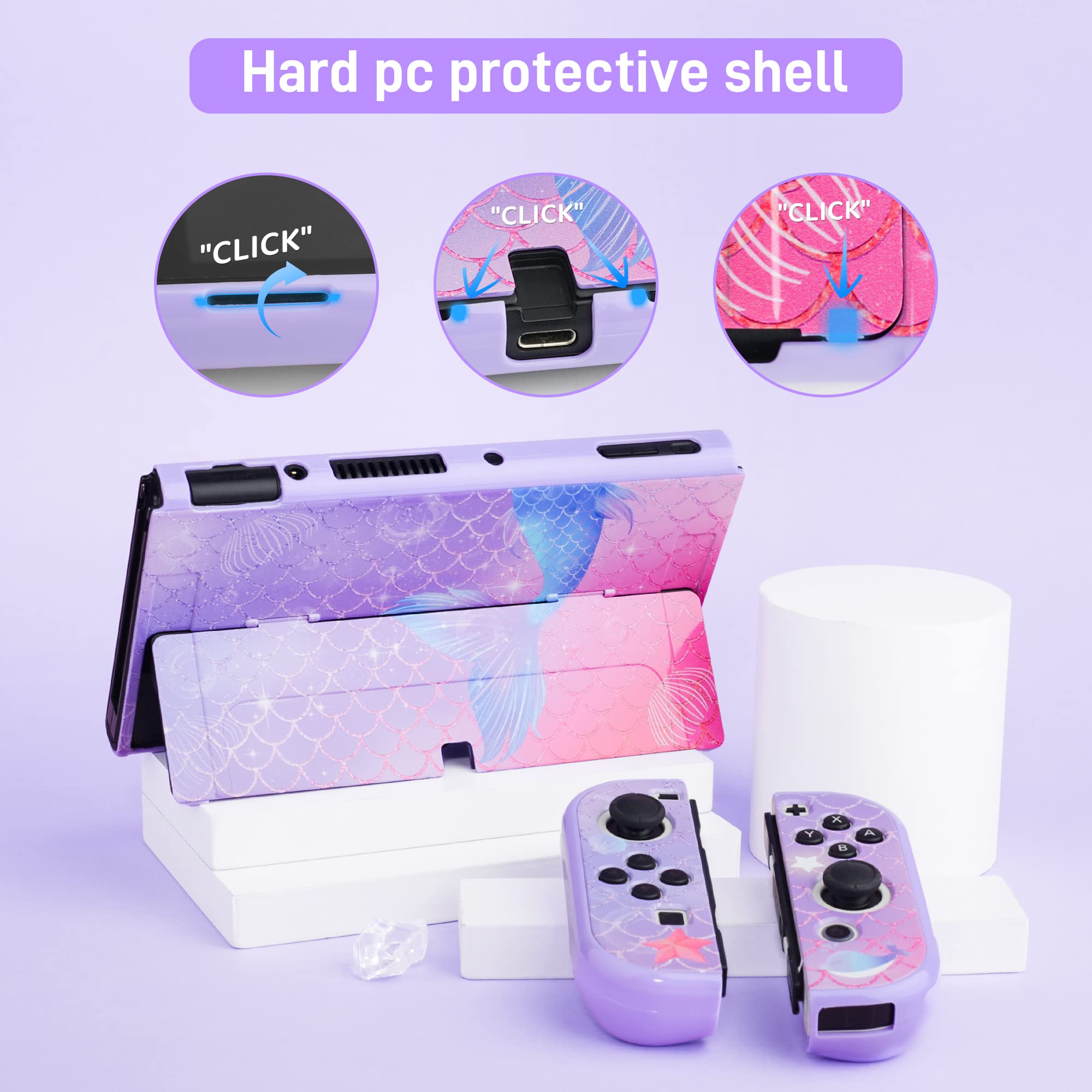 FANPL Case bundle for Nintendo Switch OLED Accessories, Cute Carrying Case for Switch OLED and Joy Con with Hard Flip Protective Cover and Screen protector, 2 Thumb Grips, Shoulder Strap (Purple)