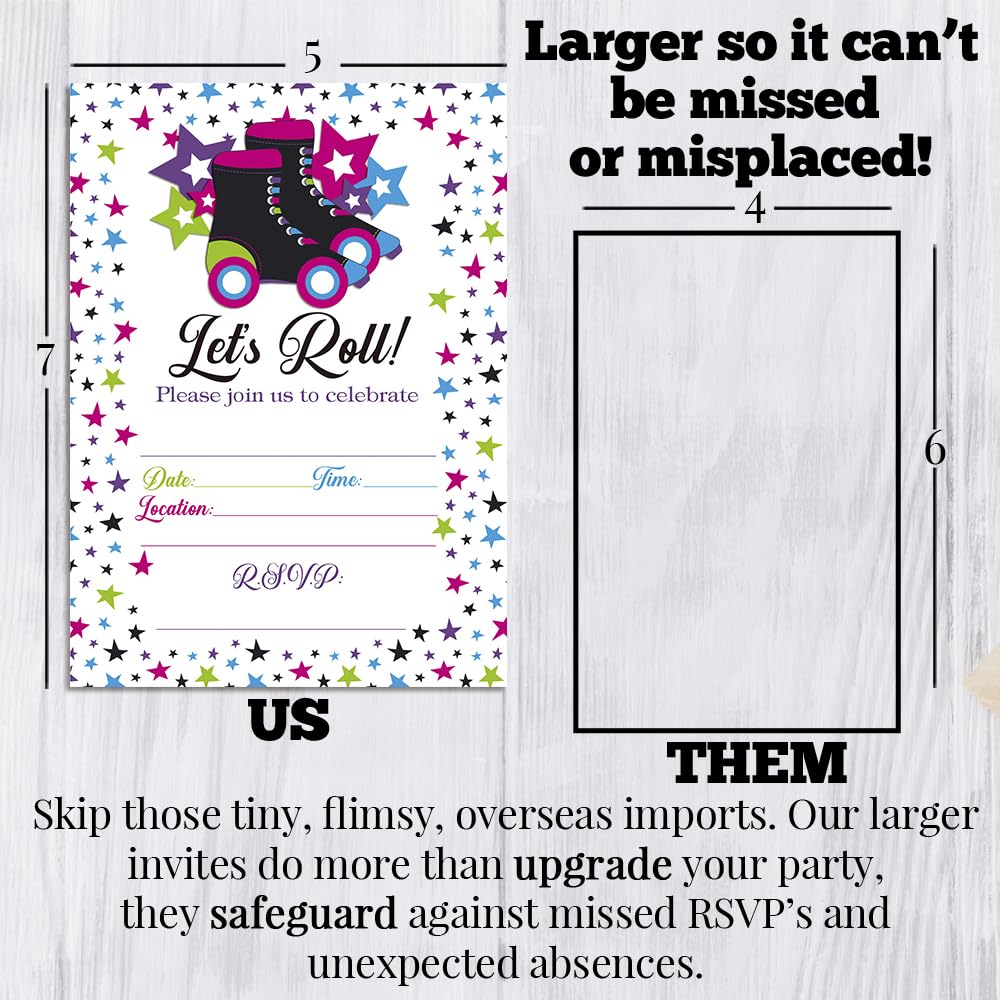 Let’s Roll Star Roller Skating Birthday Party Invitations, 20 5x7 Fill In Cards with Twenty White Envelopes by AmandaCreation