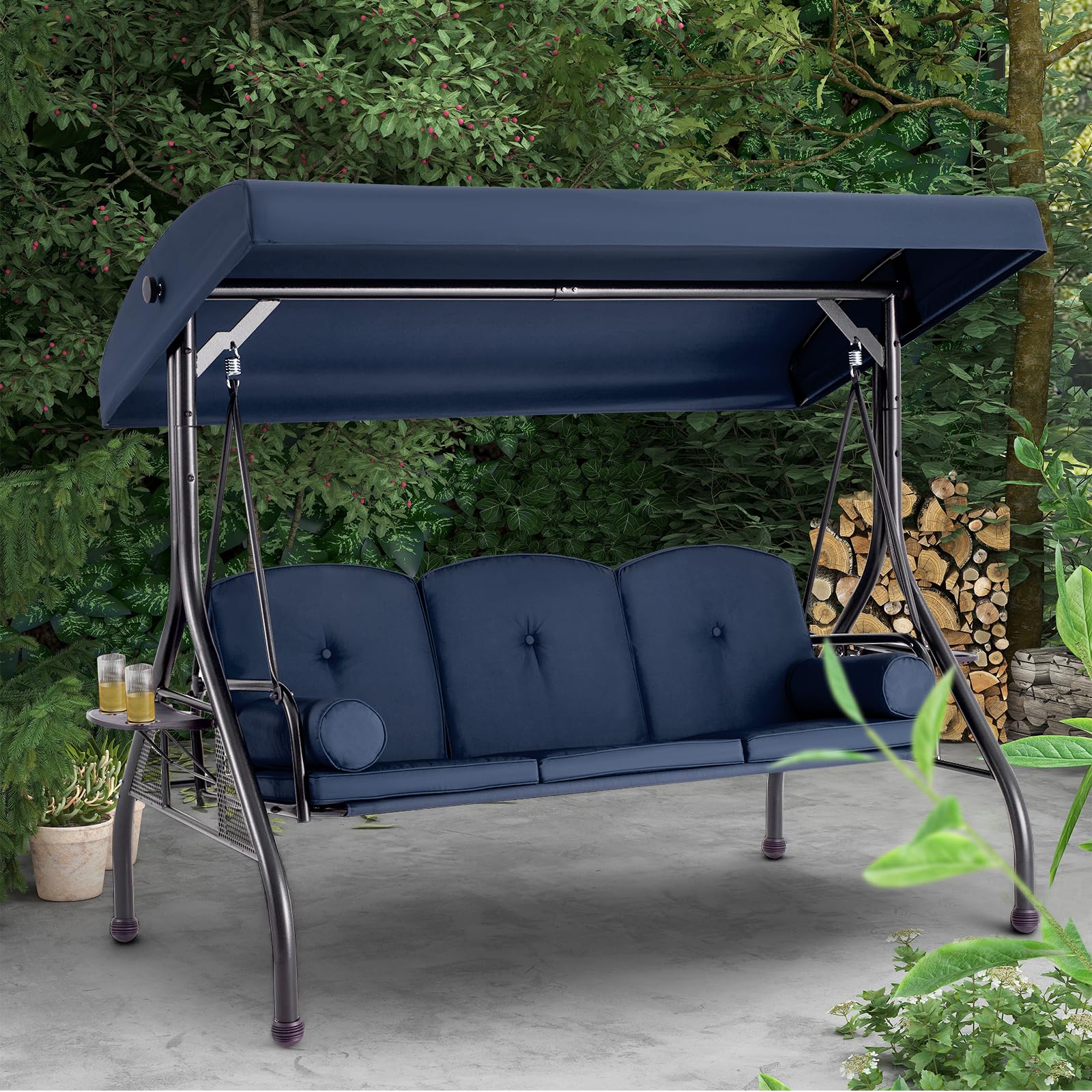 HOMREST 3 Seat Outdoor Porch Swing with Adjustable Canopy, Convertible Patio Swing Bed with Stand, Patio Glider Swing with Upgraded Cup Holder, Thicken Cushions & Pillow for Backyard (Blue)