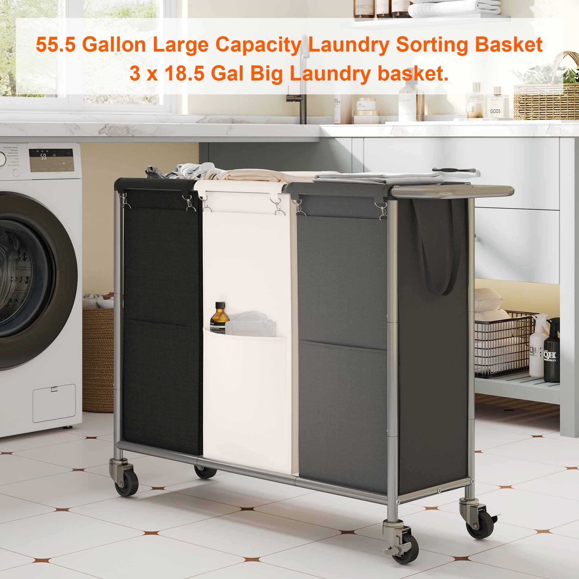Heybly Laundry Basket,3 x 18.5 Gal Laundry Separator Hamper with Heavy Duty Rolling Wheels,Laundry Divider Sorter with Removable Bags for Dirty Clothes Storage, 40.2 x 15.4 x 33.1 Inches HLH022P03
