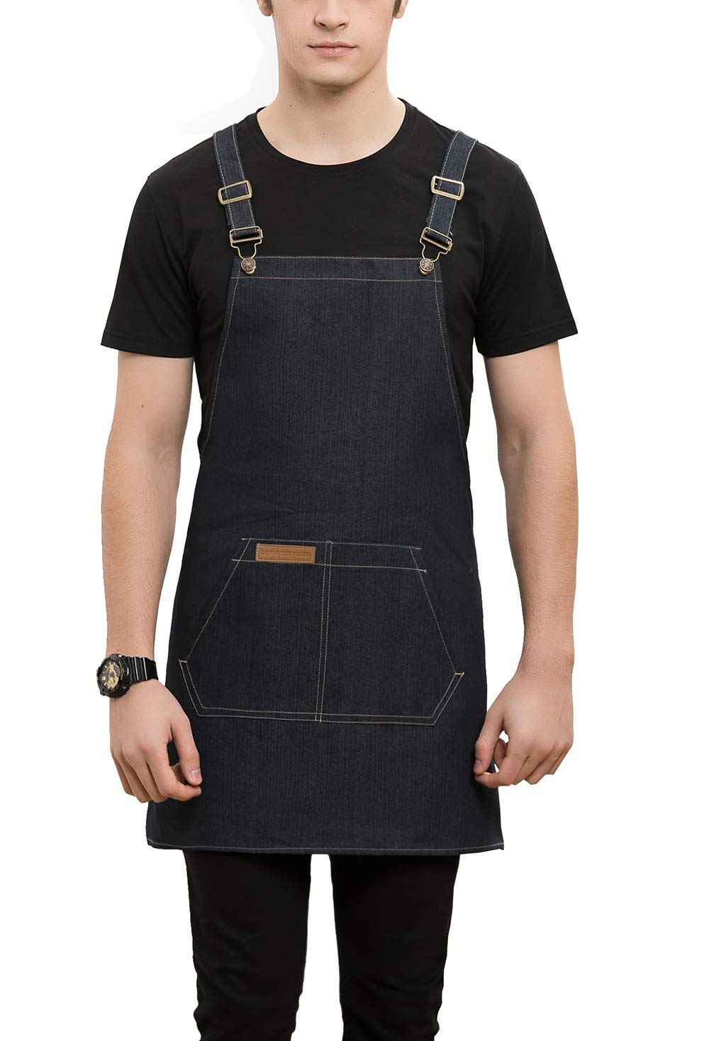 Denim Cross-Back Chef Bib Apron with Pockets for Men and Women (Black)