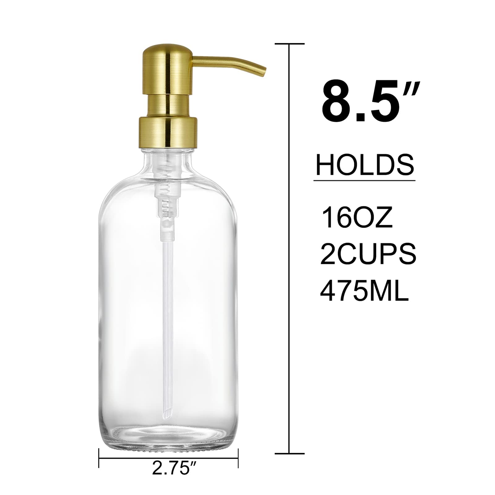 Clear Glass Jar Soap Dispenser with Gold Pump,16oz Round Bottle Dispenser with Stainless Steel Pump, Bathroom Soap Dispenser Set for Home Decor, Farmhouse & Kitchen Decor (Gold)