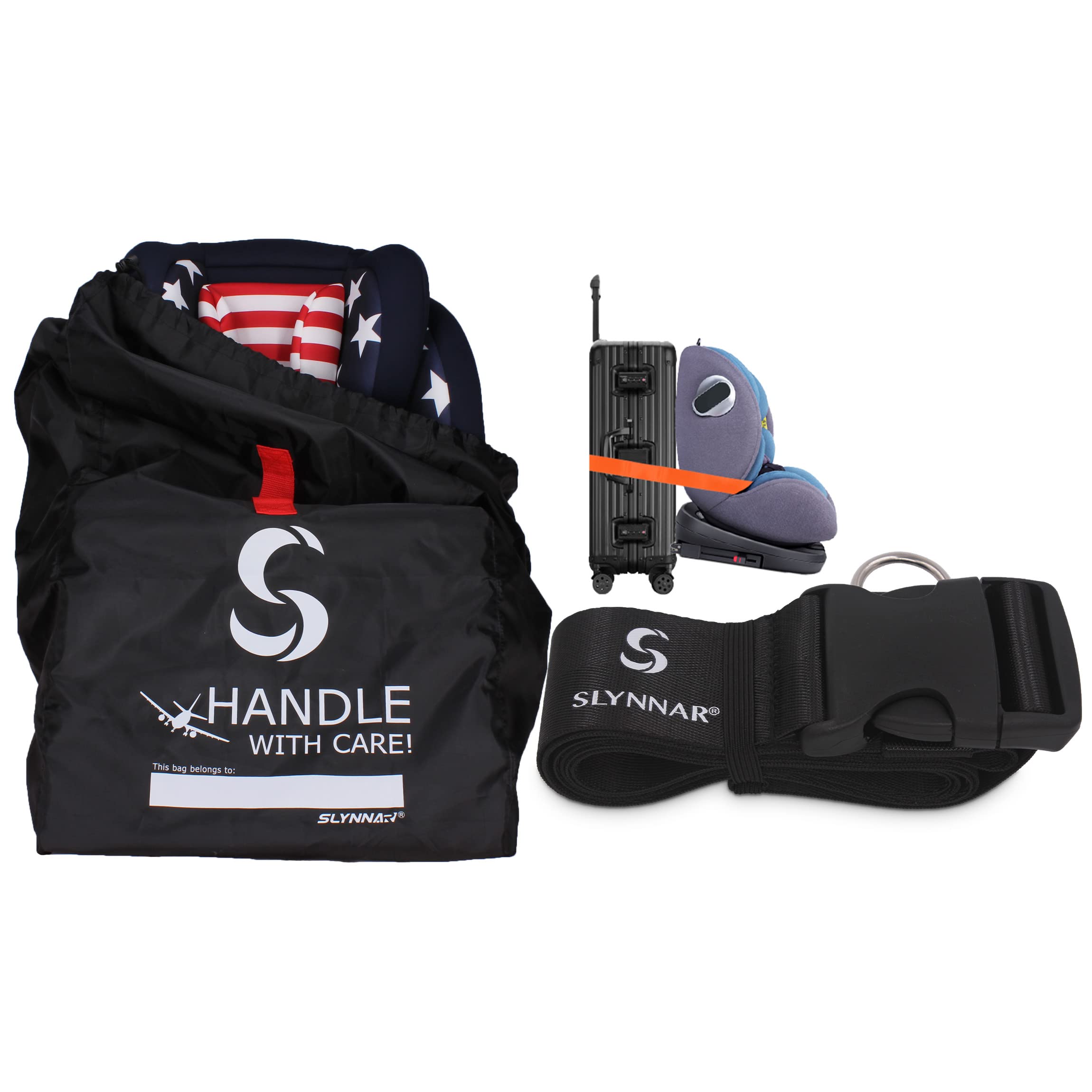 SLYNNAR Car Seat Travel Bag & Car Seat Travel Belt, Black