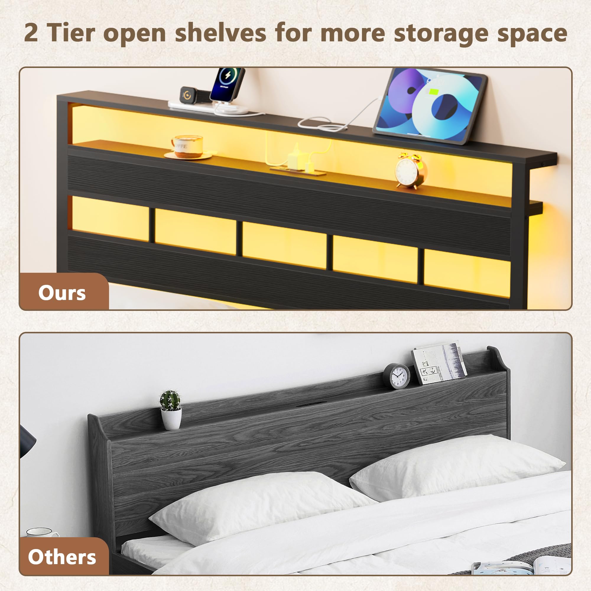 Furnulem Twin Size Bed Frame with Charging Station and LED Lights, Platform Bed with Metal Slats, Grey Upholstered Headboard with 2-Tier Storage Shelves, No Box Spring Needed