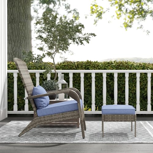 Outsunny Patio Wicker Adirondack Chair with Ottoman, Outdoor Fire Pit Chair with Cushions, High-Back, Large Seat & Armrests for Deck, Garden & Backyard, Gray