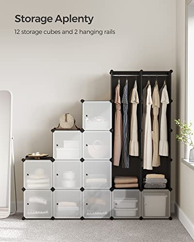 SONGMICS Cube Storage Organzier Portable Wardrobe Closet, 12 Cubes DIY Plastic Armoire Cabinet Modular Shelves Unit with Doors and Hanging Rods for Bedroom, Black ULPC301B01