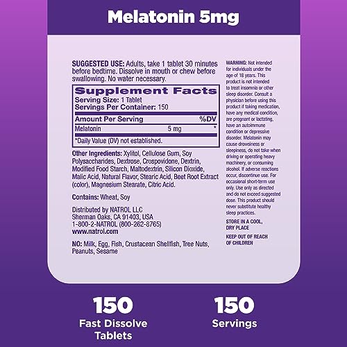 Natrol Melatonin 5mg, Strawberry-Flavored Dietary Supplement for Restful Sleep, 150 Fast-Dissolve Tablets, 150 Day Supply