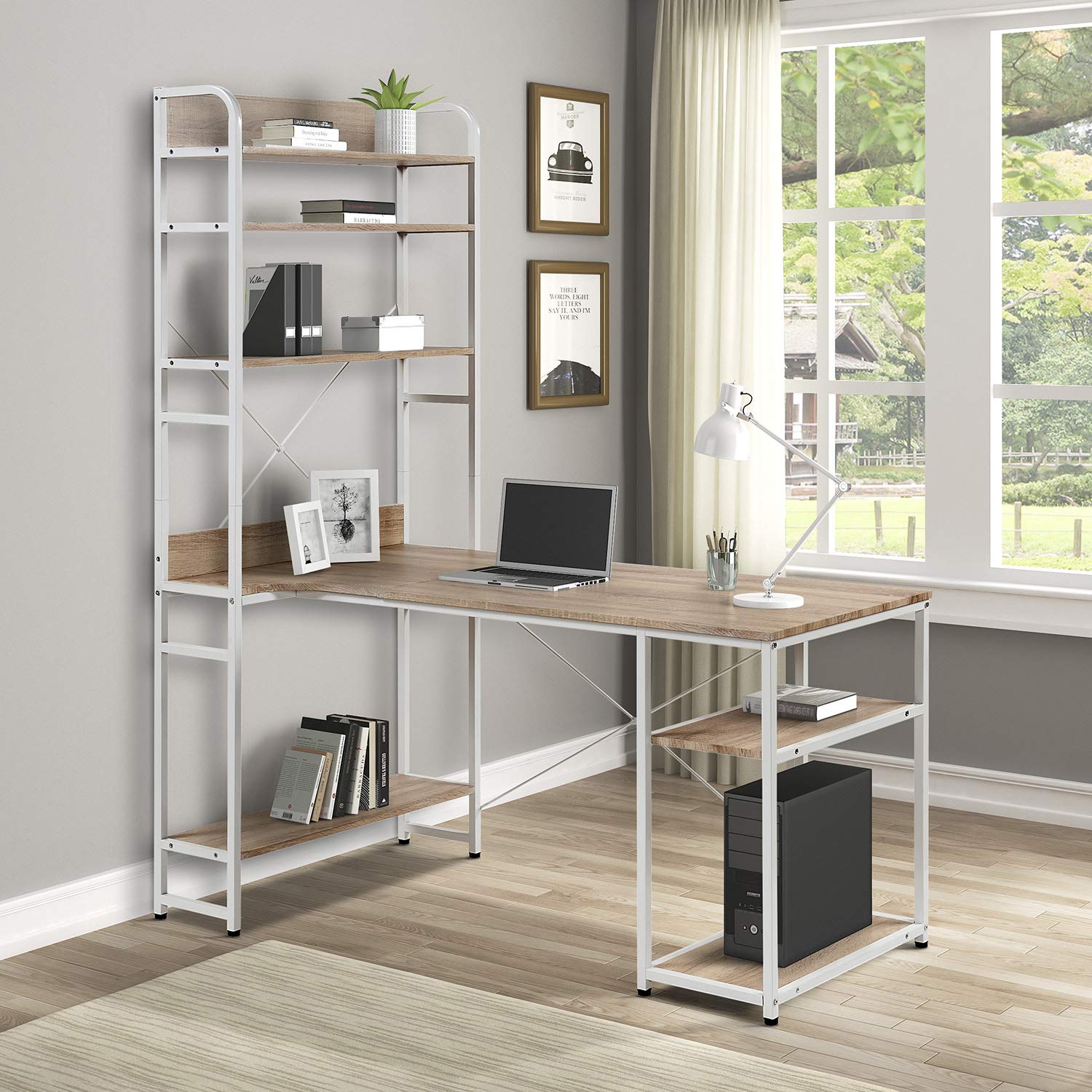 Computer Desk with 5 Tier Storage Shelves, 54 inch Home Office Desk Study Writing Table Workstation with Bookshelf and Tower Shelf for PC Laptop Sewing (White)