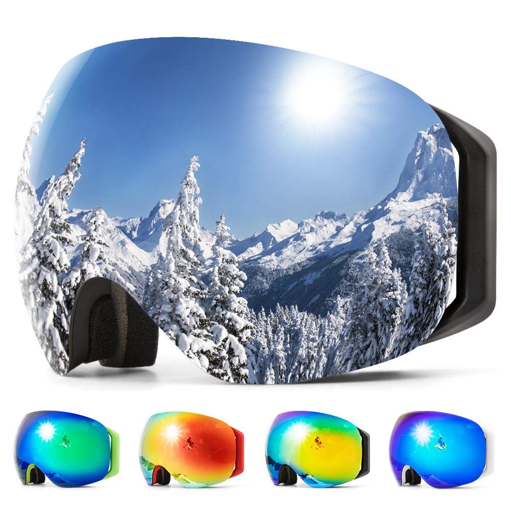 COPOZZ S2 Ski Goggles, Magnetic Snow Snowboard Goggles - Helmet Compatible Over Glasses OTG Design Non-Slip Strap UV400 Protection for Men and Women … (Silver Goggle-(VLT 8%))
