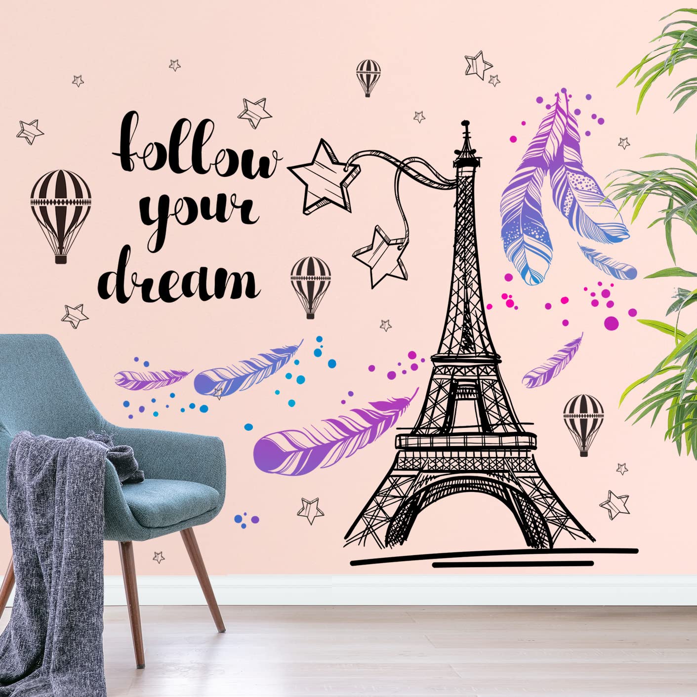RW-4939 Giant Eiffel Tower Wall Decals Purple Feather Stars Vinyl Wall Stickers DIY Removable Balck Unique Paris Hot Air Balloons Stars Decor for Kids Teens Bedroom Living Room Nursery Decoration