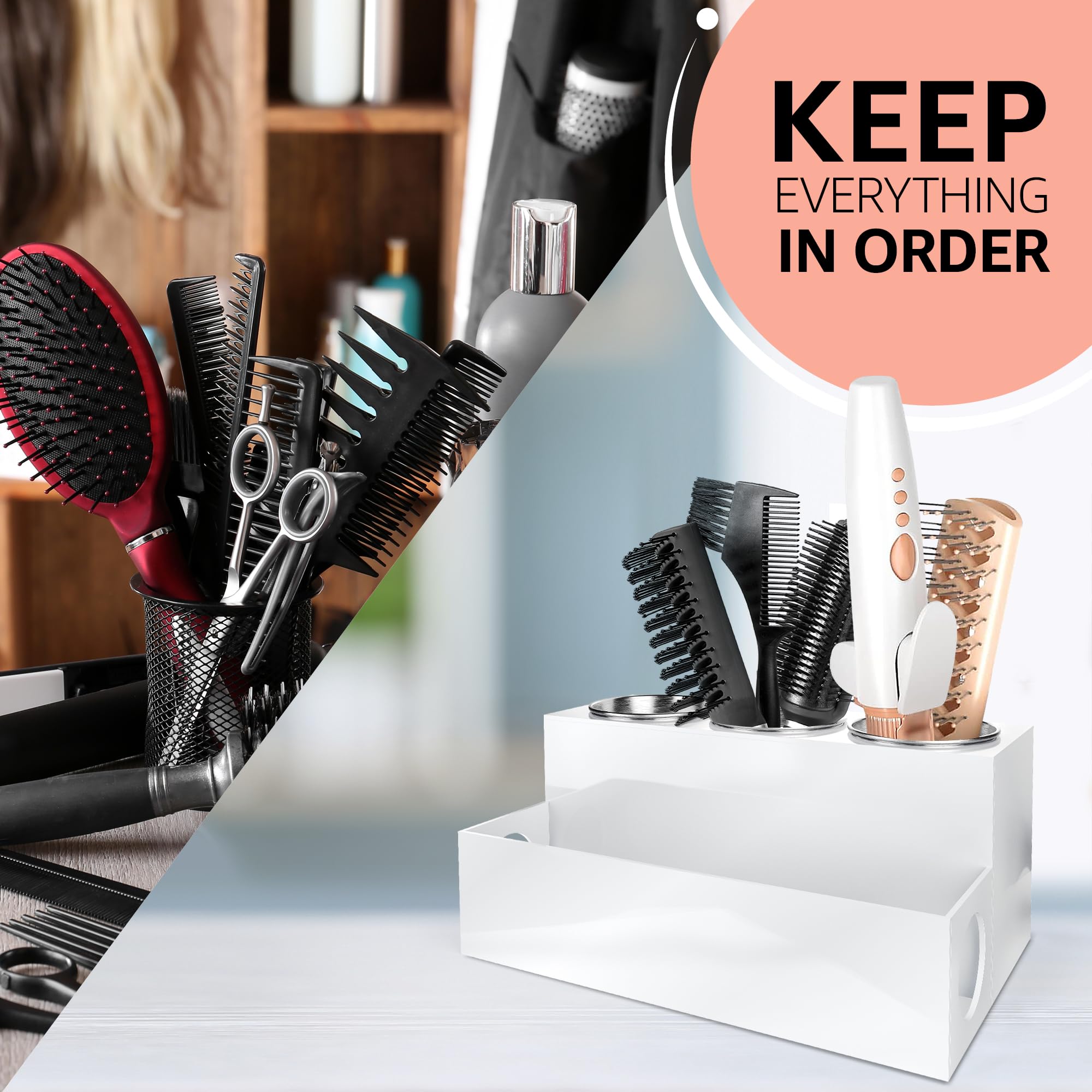 Levitural Premium Acrylic Hair Tool Accessories Organizer Stand – Portable Hair Dryer, Brush, Straightener, Curling Iron Holder Countertop and Storage for Bathroom Vanity Cabinet (White)