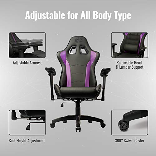 Cooler Master Caliber R1 Gaming Chair for Computer Game, Office and Racing Style Gamer, Comfy Ergonomic Reclining High Back Desk Chairs with Arms & Seat Adjustment Lumbar Support PU Leather, Purple