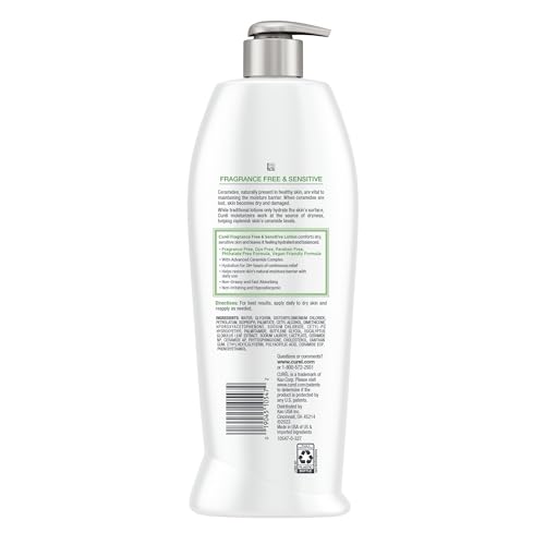 Curel Fragrance Free Comforting Body Lotion, Unscented Dry Skin Moisturizer for Sensitive Skin, with Advanced Ceramide Complex, Repairs Moisture Barrier, 20 oz