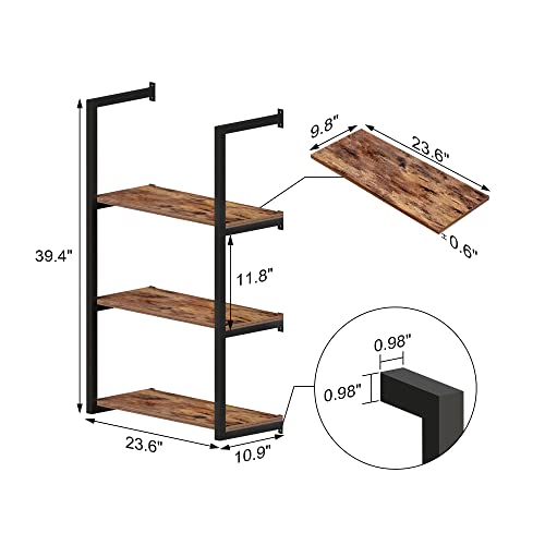 ZEROVIDA Wall Bookshelf,3 Tier Includes Wood Panel,Floating Shelves,Wall Shelves,Bathroom Shelves,Wall Shelf,Shelves for Bedroom,Industrial Pipe Shelving