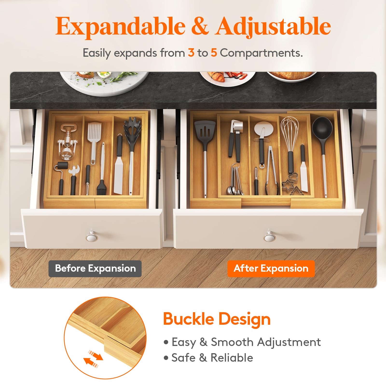 Lifewit Utensil Organizer for Kitchen Drawer, Expandable Cooking Utensil Tray, Bamboo Cutlery Silverware Flatware Holder, Adjustable Spatula Tools and Gadgets Storage Divider, Large, Natural
