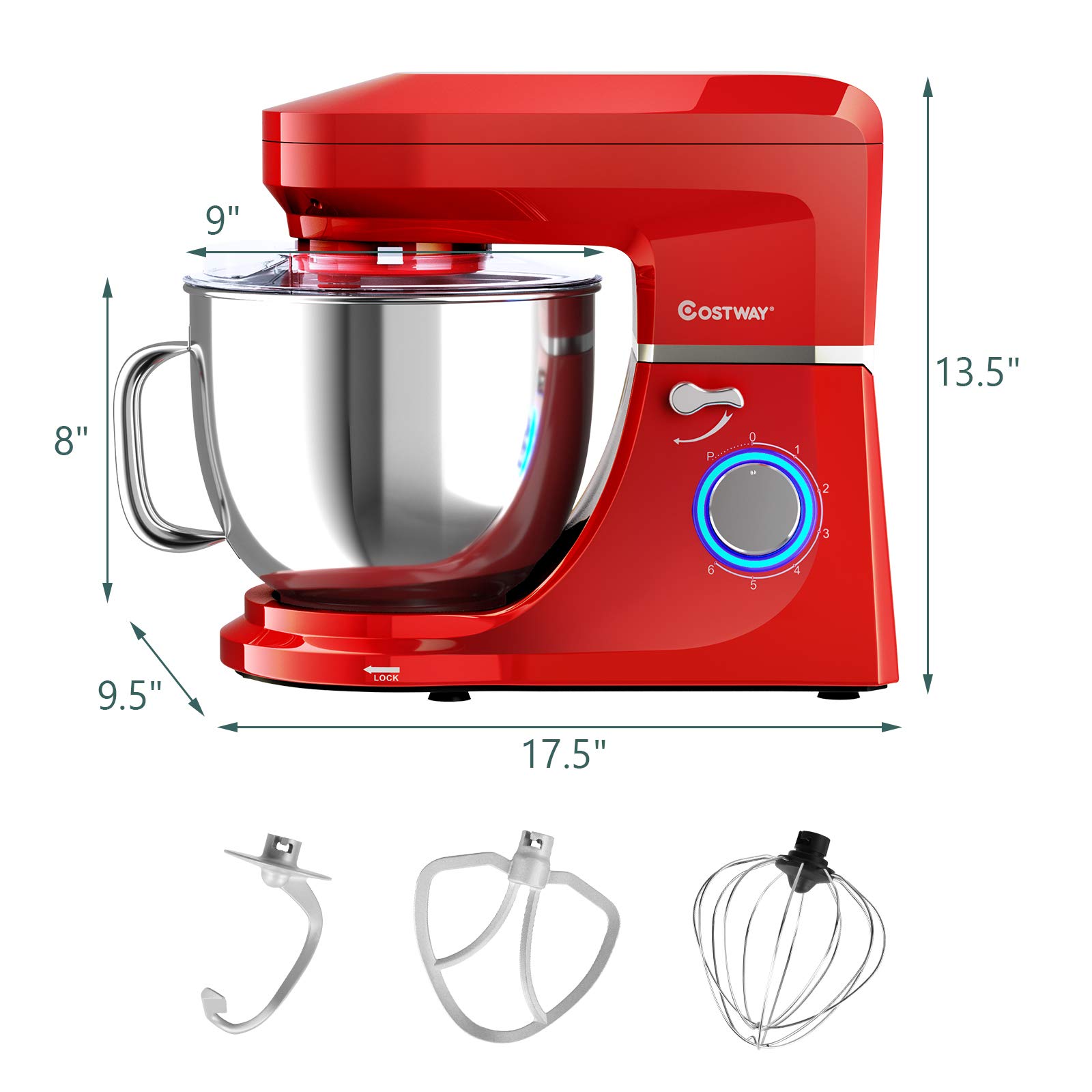 COSTWAY Stand Mixer, 7.5 Qt 6-speed 660W Tilt-Head Food Mixer with Pulse Function, Dough Hook, Whisk, Beater, Stainless Steel Bowl & Splash Guard (Red)