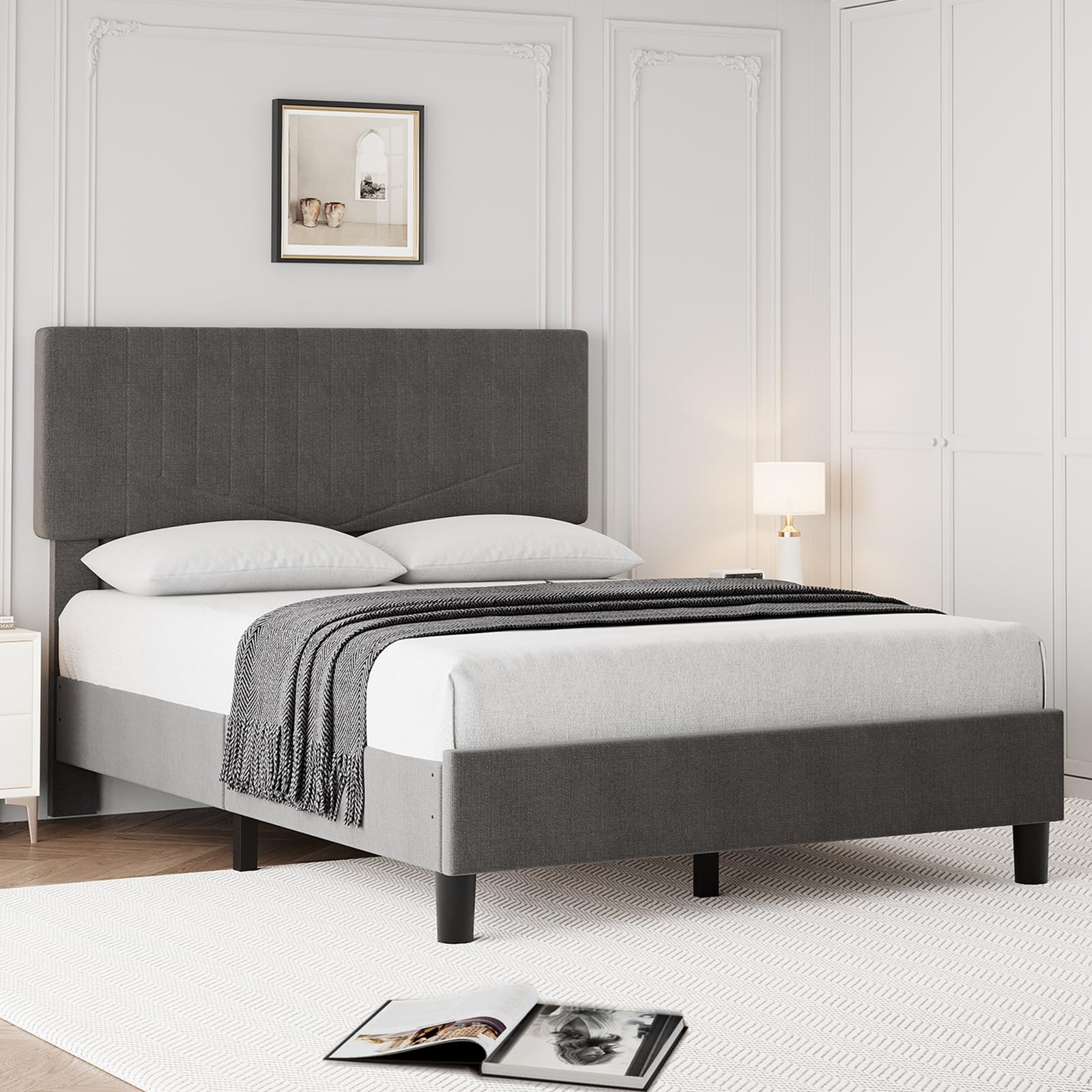 GarveeHome Grey Queen Bed Frame Upholstered Platform with Adjustable Headboard, Adjustable Modern Vertical and Diagonal Striped Headboard, Mattress Foundation, Easy to Assemble