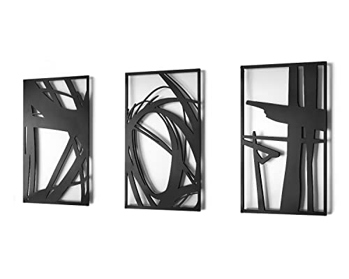 Pinetree Art Black Abstract Metal Wall Art 3D Textured Metal Wall Sculptures Modern Hollow Out Design Metal Wall Decor for Home Living Room Office Dining Ready to Hang (Abstract-Black)