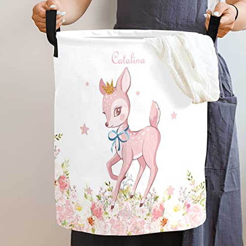 Pink Bambi Floral Deer Personalized Laundry Basket Clothes Hamper Storage Handle Waterproof, Custom Collapsible Large Capacity , for Bedroom Bathroom Toy Decoration