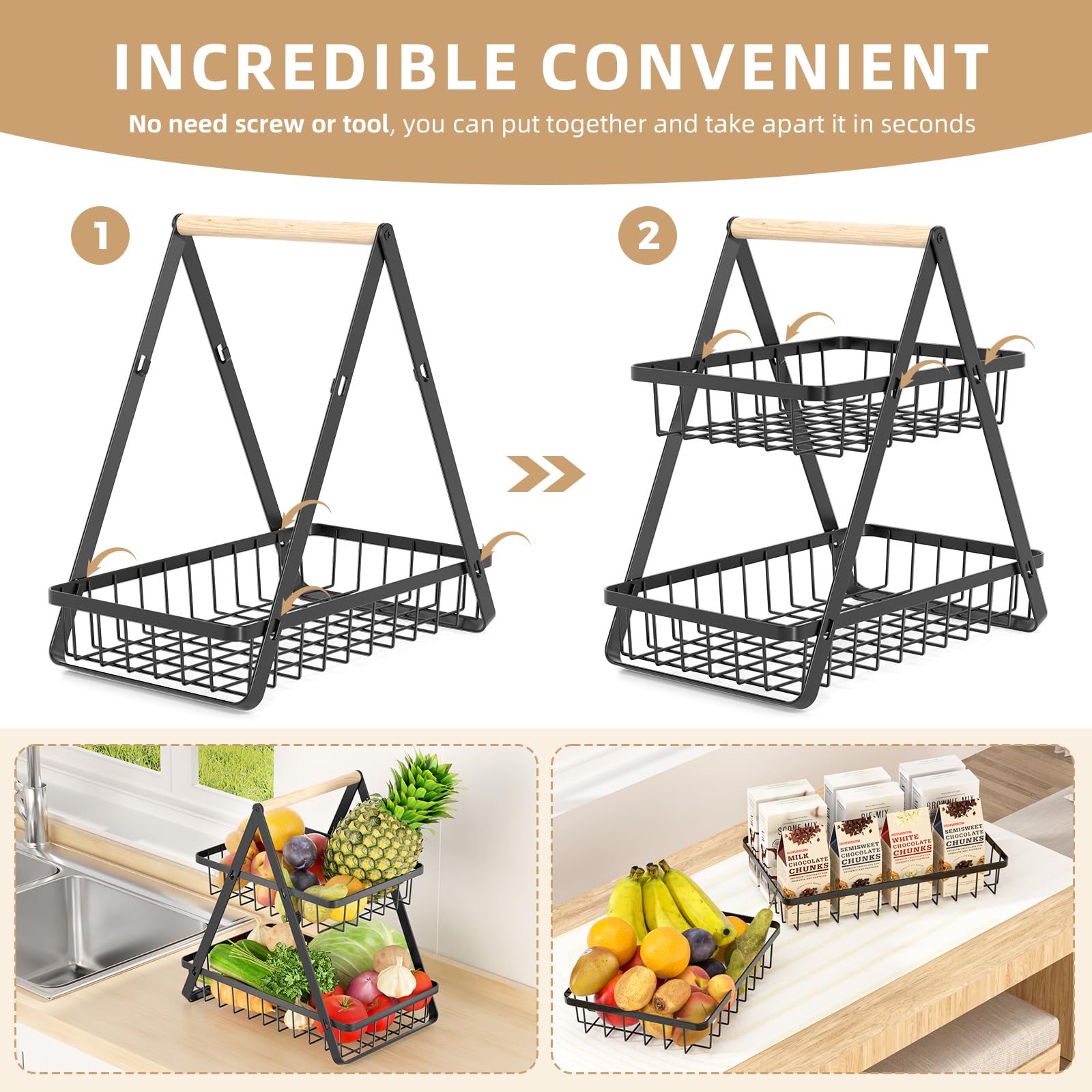 Foensc 2 Tier Fruit Basket, Upgraded Fruit Bowl, Detachable Metal Fruit Holder Vegetable Basket for Kitchen Counter, Large Capacity Fruit Storage Stand Organizer for Produce Bread Snack, Black