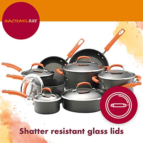 Rachael Ray Brights Hard-Anodized Nonstick Cookware Set with Glass Lids, 14-Piece & Brights Hard Anodized Nonstick Frying Pan/Fry Pan/Hard Anodized Skillet with Helper Handle - 14 Inch, Gray