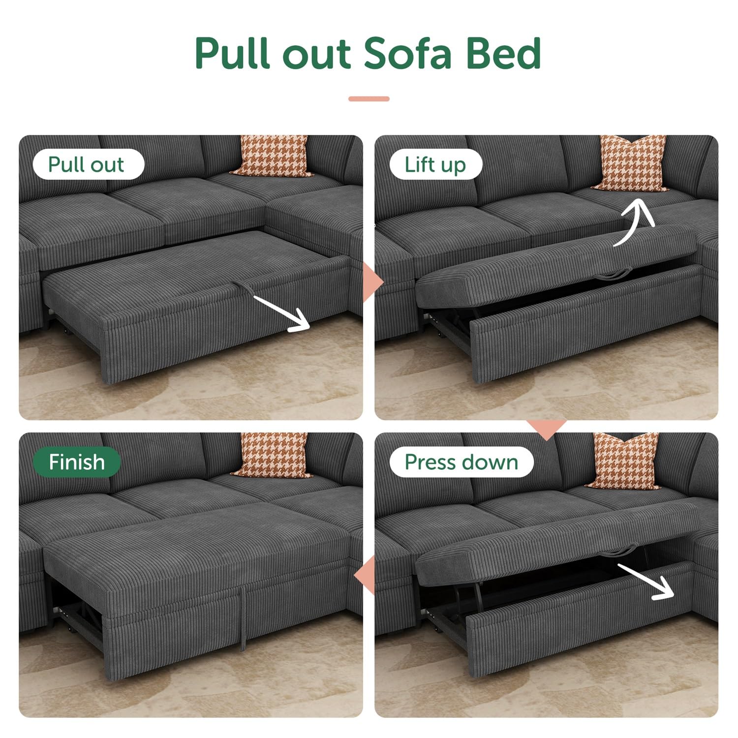 HONBAY Modular Sectional Sleeper Sofa with Pull Out Bed, Corduroy L Shaped Couch with Storage Seats, Convertible Sectional Couches for Living Room, Green