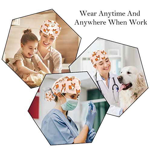 Pink Corgis Dog Scrub Hats for Women Long Hair, Working Cap with Button & Sweatband, Unisex Tie Back Hats 2 Packs