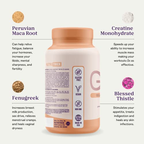 NUTRITHICK Weight Gainer Capsules - with Maca Root, Fenugreek and Creatine for Women - Vegan Appetite Stimulant + Muscle Mass + Hormonal Balance, Vitamin B1, B5, B6 (120 Capsules)