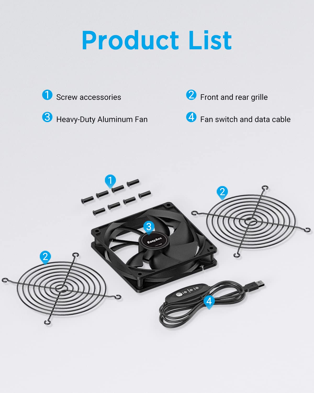 Computer Fan, EasyAcc 120mm Cooling Fans, Quiet Edition High Airflow USB Fan with 3 Speed Control, Long Life Computer Case Fan for Receiver DVR Playstation Xbox Cabinet CPU