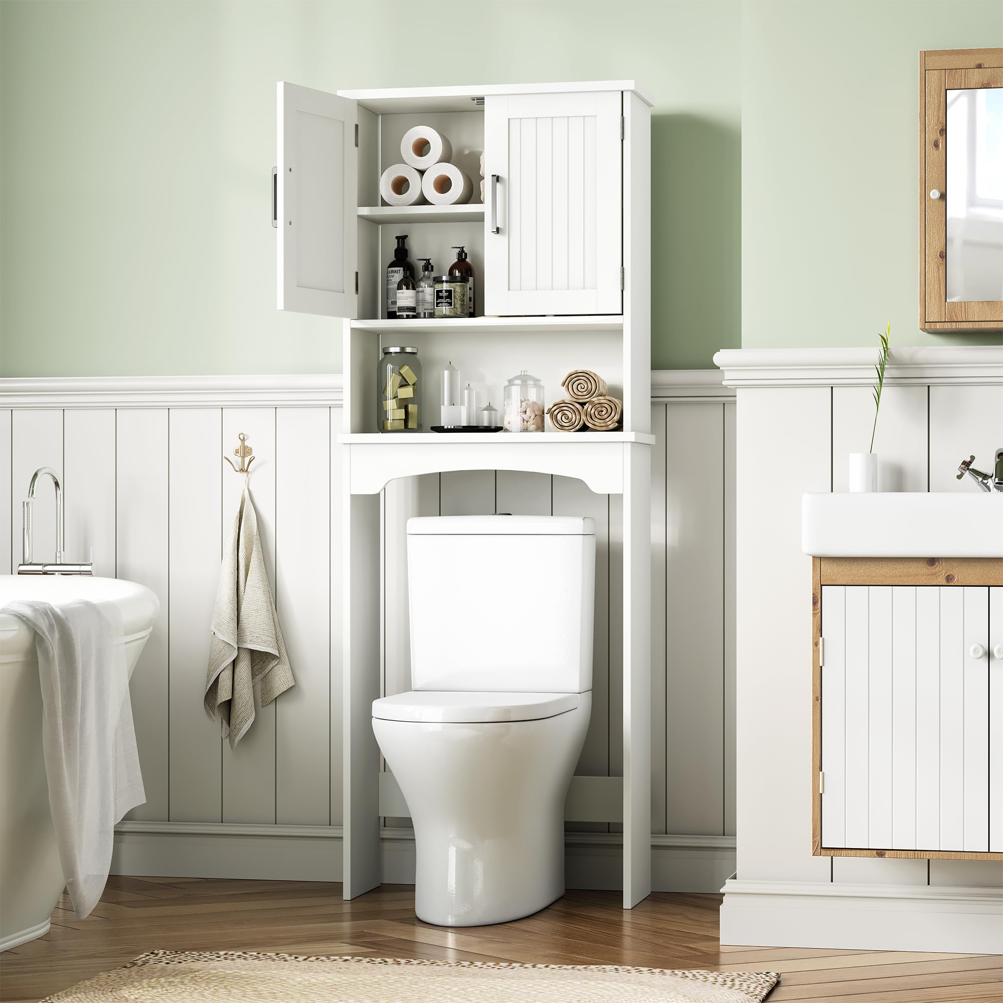 GarveeHome Over The Toilet Storage Cabinet, Double Door Bathroom Storage Organizer with Anti-Tip Device, Small Freestanding Space Saver with Open Shelf,White